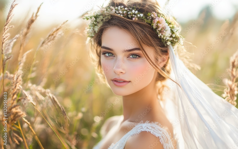 Foto de Stock Radiant bride in a bohemian wedding dress, a flower crown ...