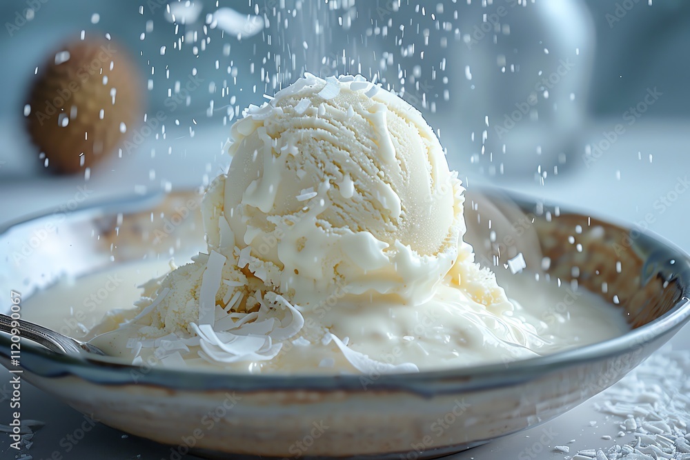 Creamy vanilla ice cream scoops with coconut flakes falling on a creamy ...