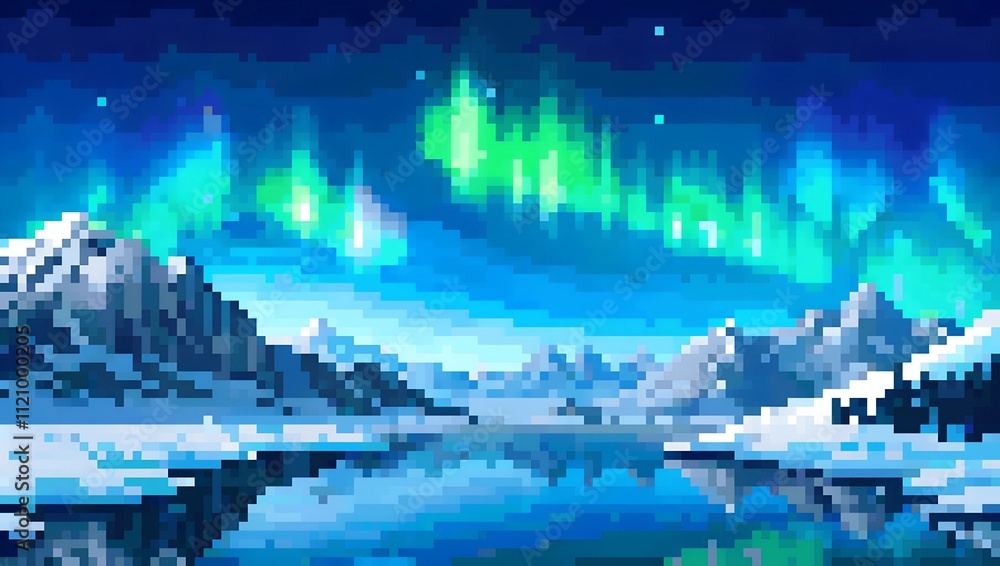 Aurora Borealis over frozen lake with snow-covered mountains pixel art ...
