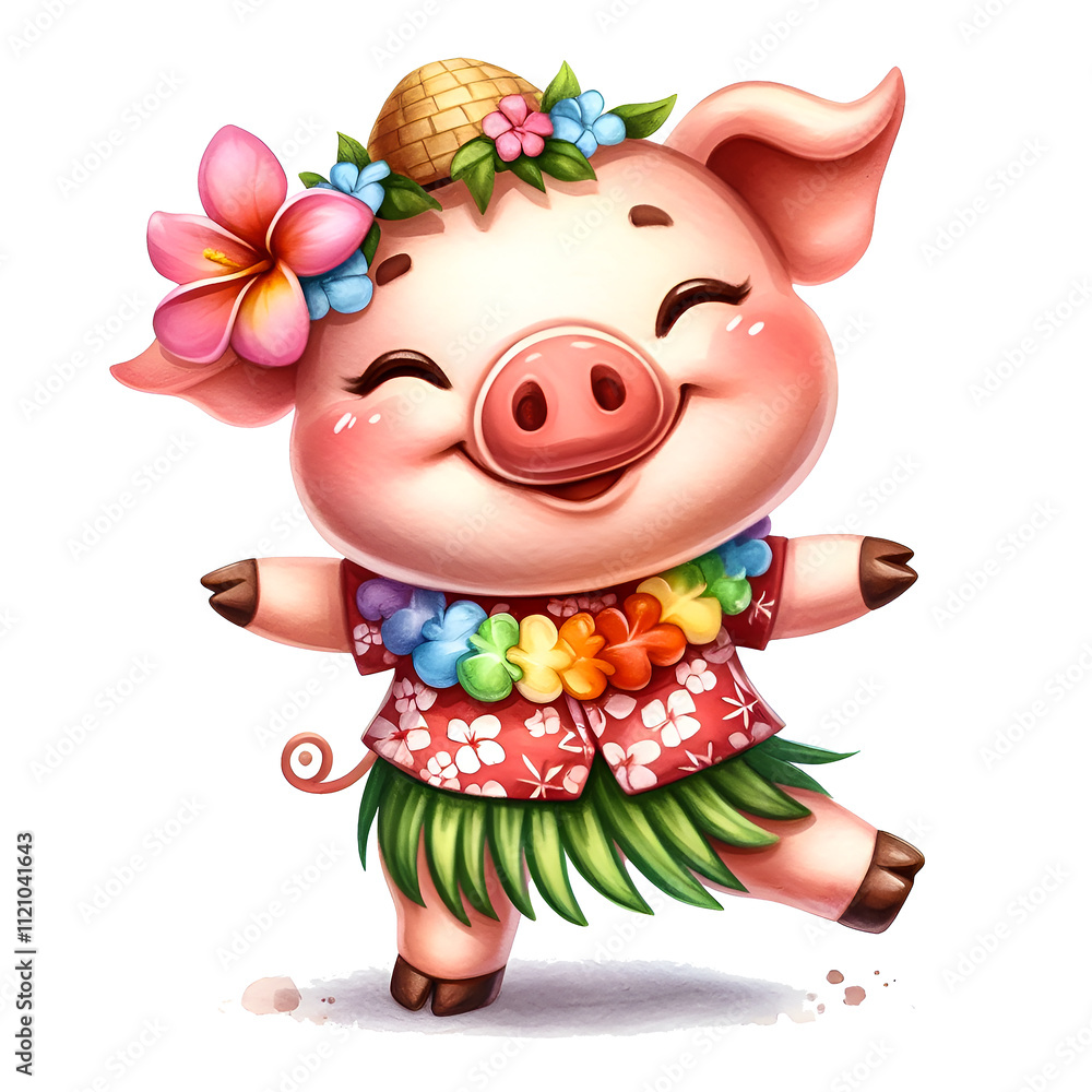 Watercolor Clipart of a Cute cartoon dancing Hawaiian pig, isolated on ...