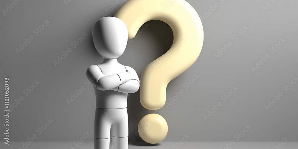 Humanoid white figure with a question mark behind him, questioning and ...