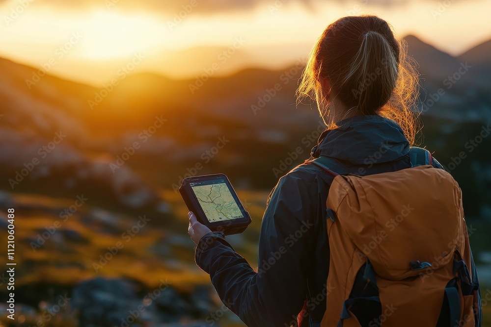 Woman hiker checks map on handheld GPS device at sunset. Perfect for ...
