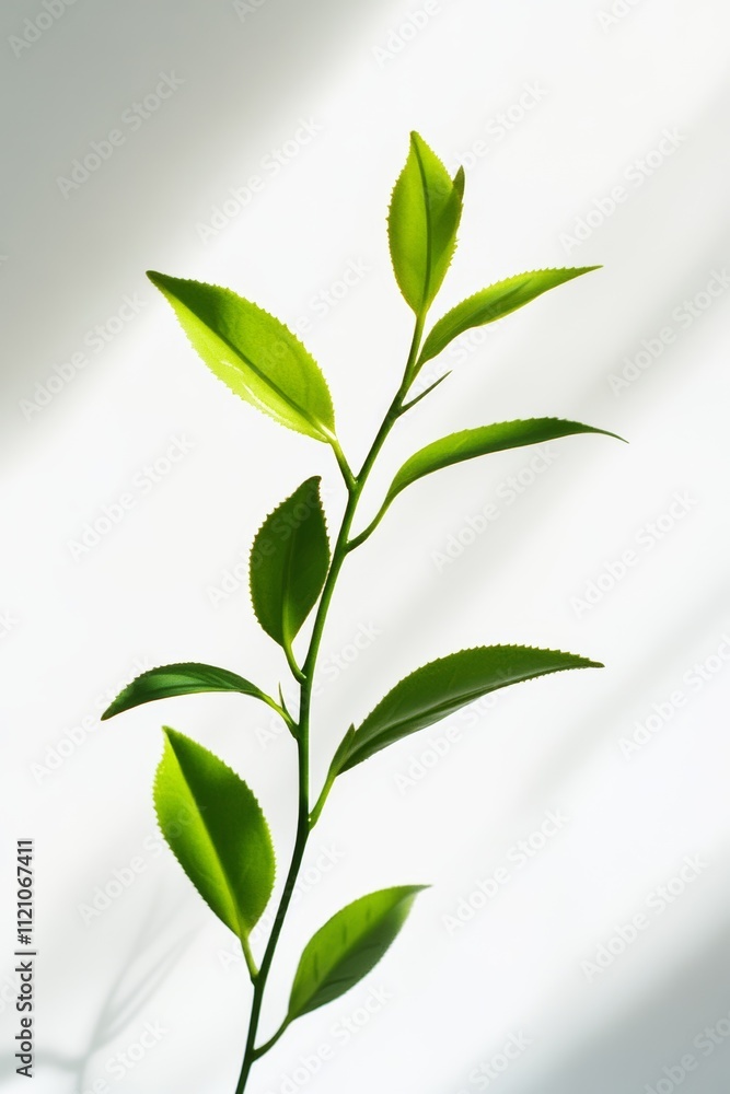Photograph of bright green tea shoots Use soft, diffused light to avoid ...