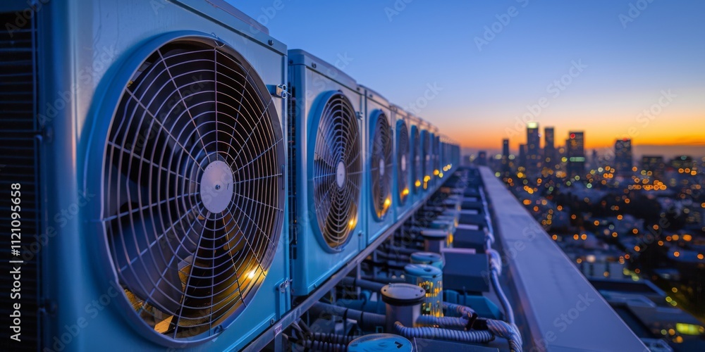 Long rows of cooling tower sets, cooling fans in the data center room ...