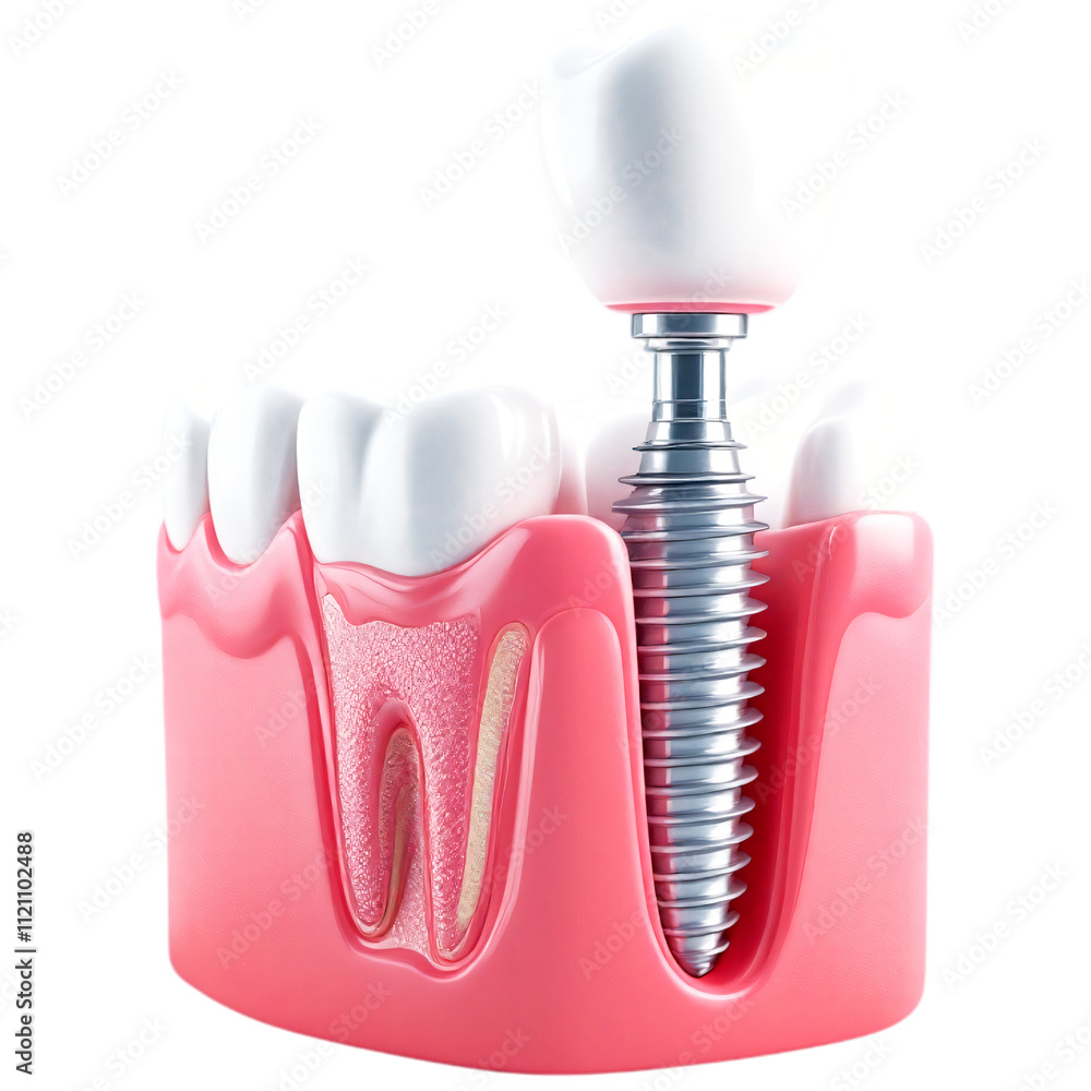 Realistic 3D dental implant model with titanium screw, prosthetic crown ...