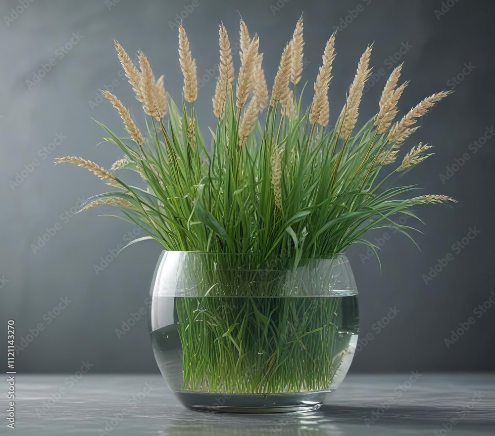 Foliage of Alopecurus foxtail grass floating on water in a glass vessel ...