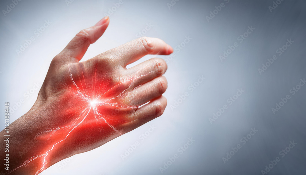 glowing red lightning bolt cuts through digital representation of wrist ...