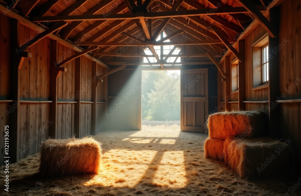 Sunbeams stream into aged wooden barn. Hay bales rest on straw floor ...