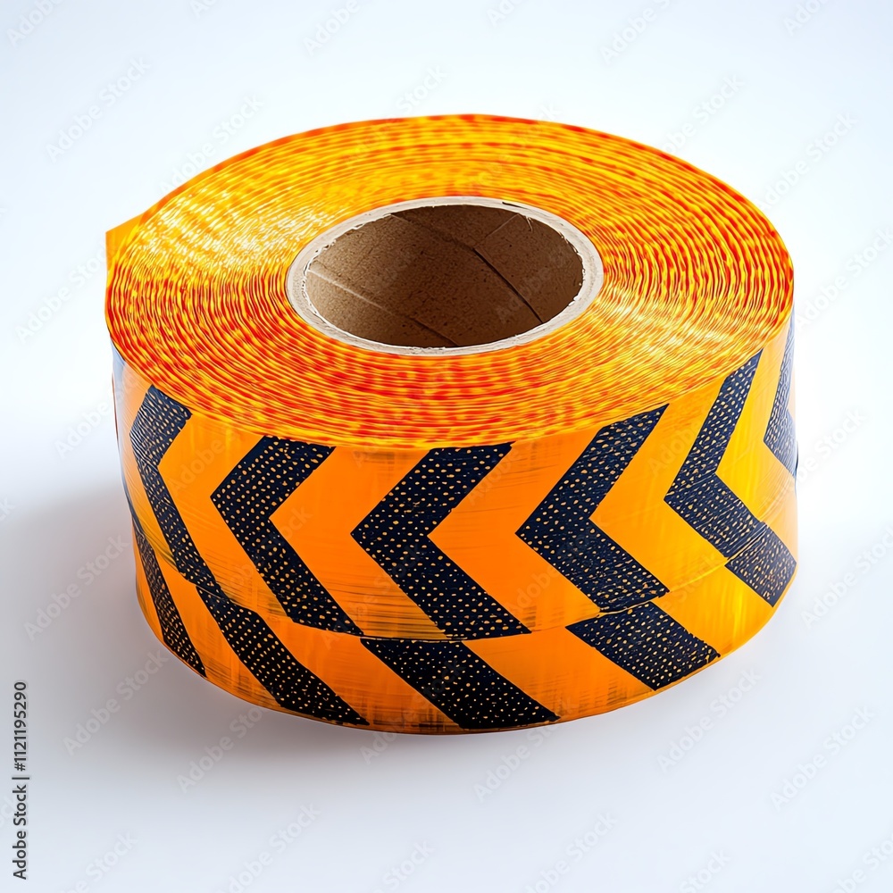 A bright orange roll of caution tape featuring black chevron patterns ...
