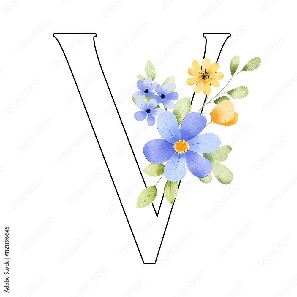Alphabet with flowers, letter V. Floral monogram, initial perfectly for ...