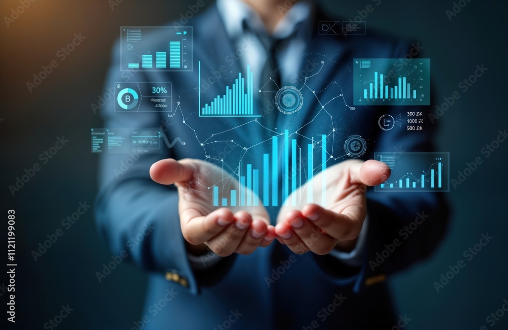 Businessman holds data-driven tech insights. Modern digital graphs ...