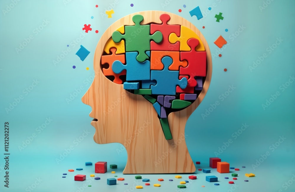 Wooden head shape brain made of colorful puzzle pieces. Illustration ...