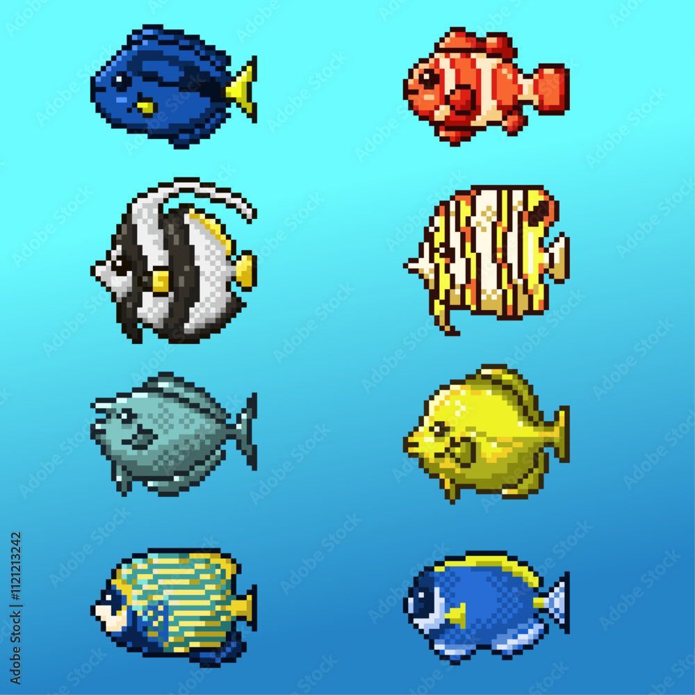 set of sea fish made by vector illustration in pixel art style Stock ...