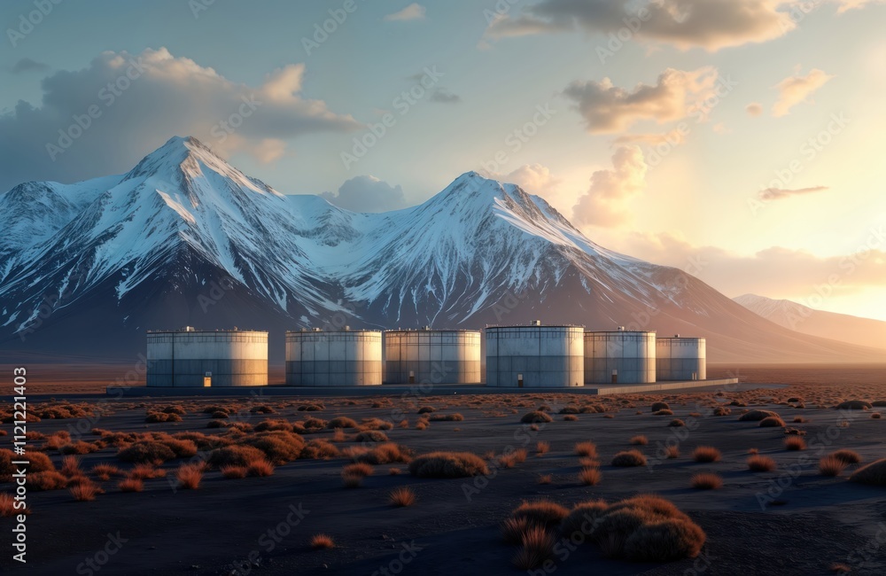 Modern eco tech facility with large storage tanks. Snowy mountain range ...