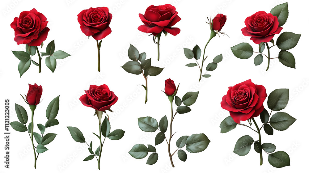 collection of red roses in various stages of bloom, isolated on a white ...