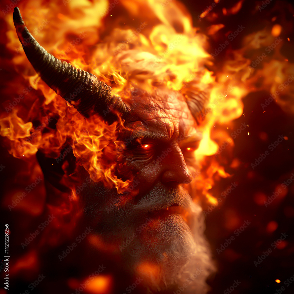 Dramatic depiction of a fiery figure with horns and intense expression ...
