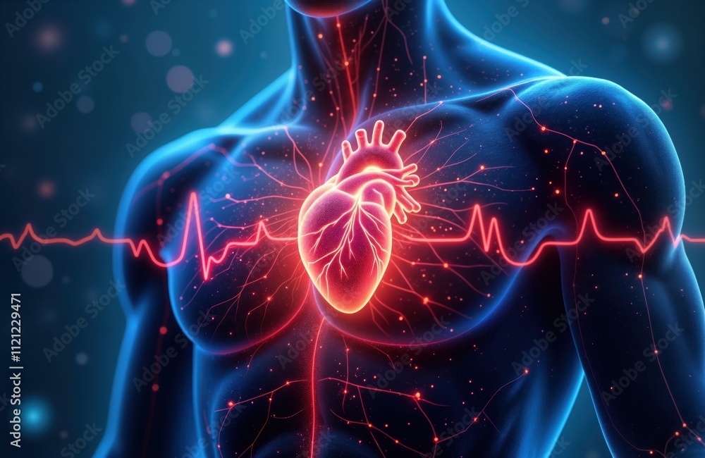 Human heart pulses with vibrant bioluminescent energy. Detailed 3D ...