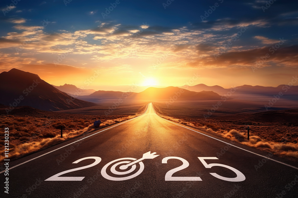 2025 letter with goal icon on country highways road with mountain over ...