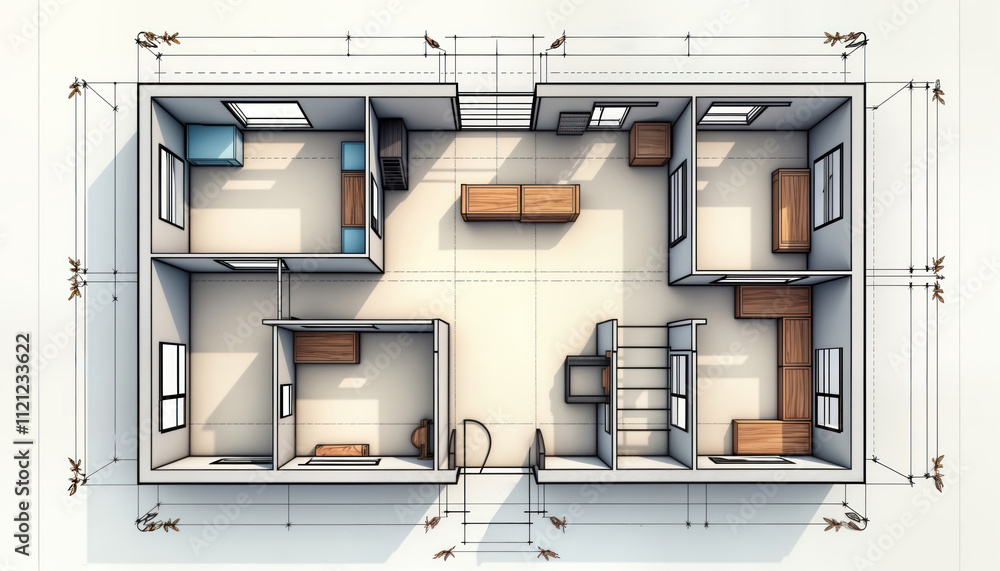Detailed architectural house plan shows rooms layout, placement ...