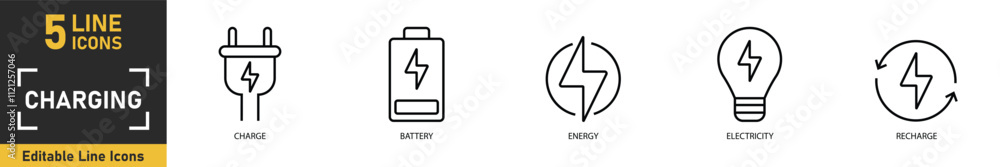 Charging line icon set. Set of 5 outline icons related to charge ...