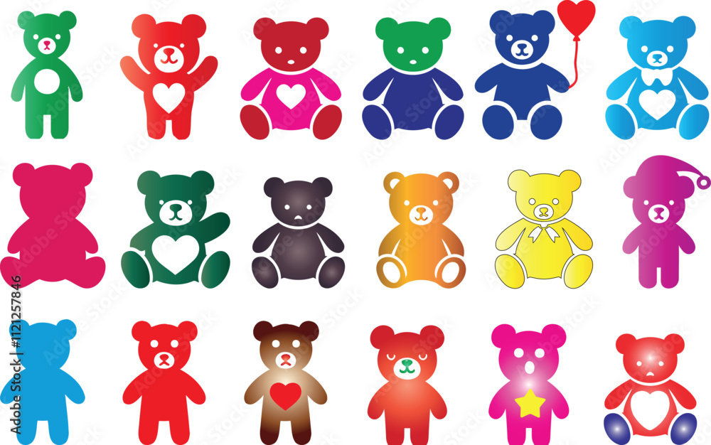 Colorful teddy bear vector clipart icons with hearts, stars, balloons ...
