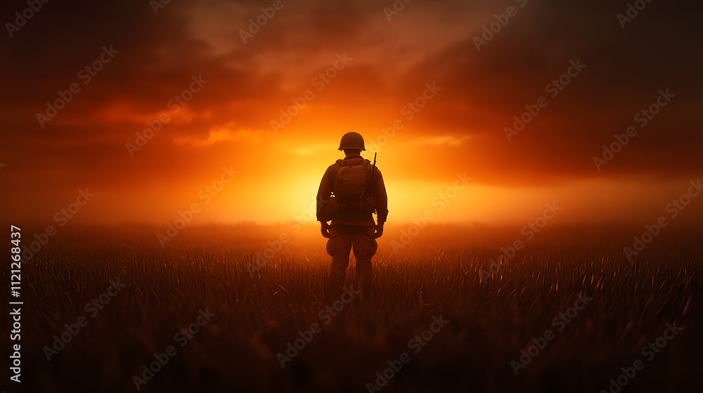 World War One battlefield with a lone soldier, clad in period ...