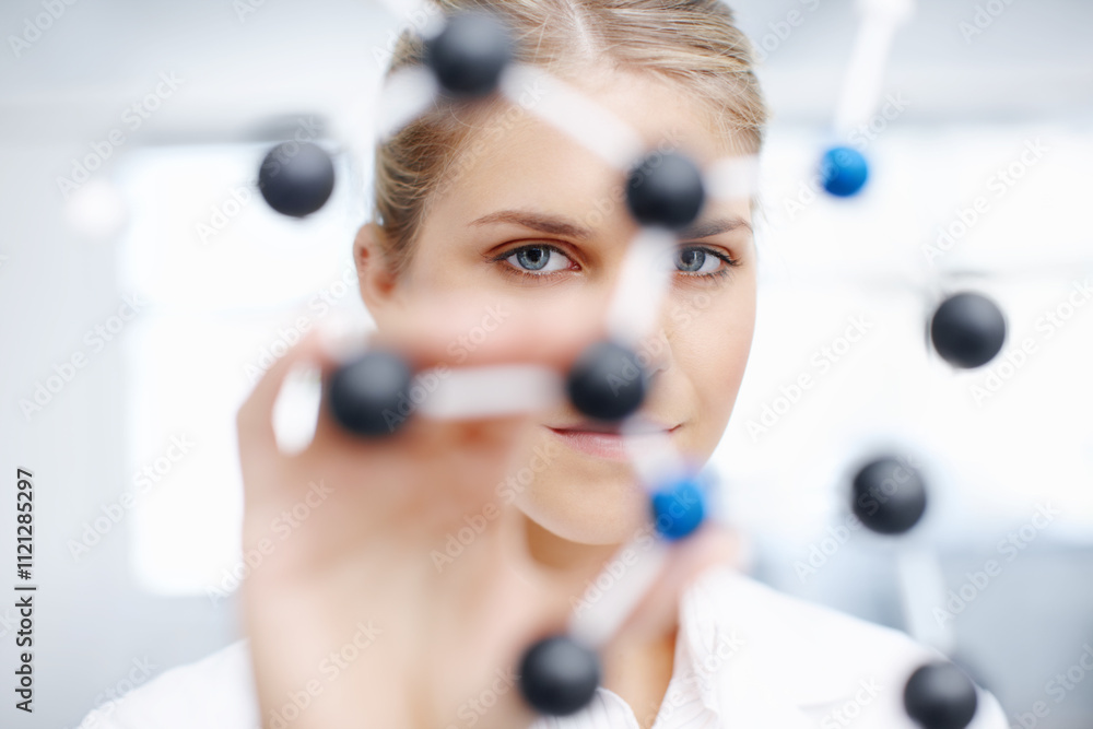Science, portrait and woman with molecule structure for hypotheses ...