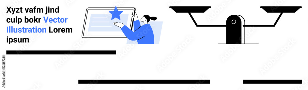 Character pointing at screen with dashboard, balanced scale on right ...