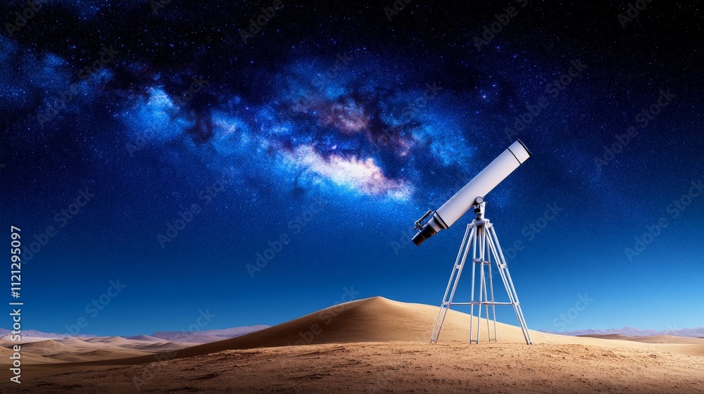 Photo Stock Telescope Under the Milky Way: A silver telescope stands ...