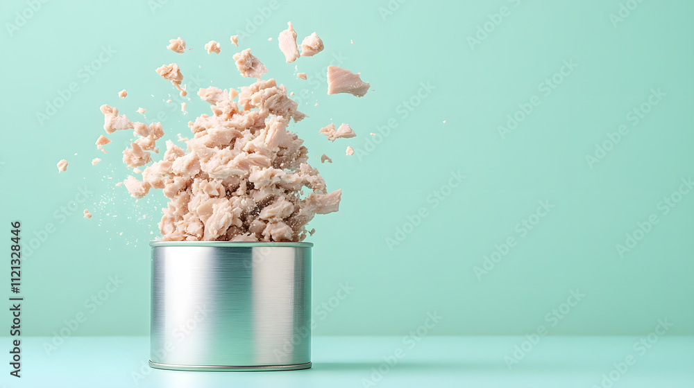 Open Tuna Wide Can with Boiled Tuna Dry Chunks Flying Out - Dynamic ...