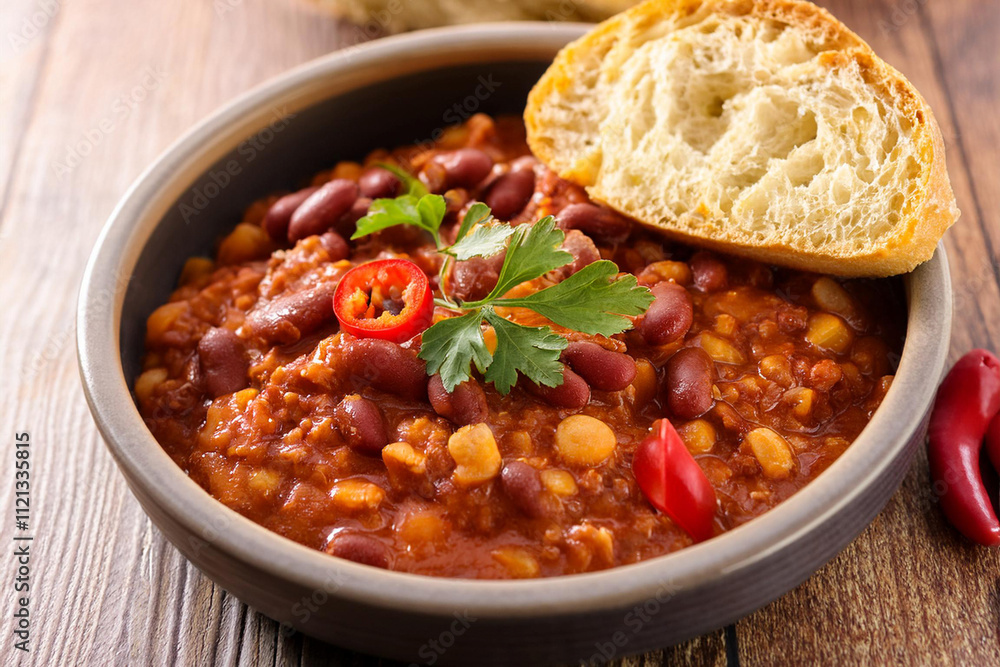 Chilli con Carne in einer Schale mit Brot - generated Image Stock Photo ...