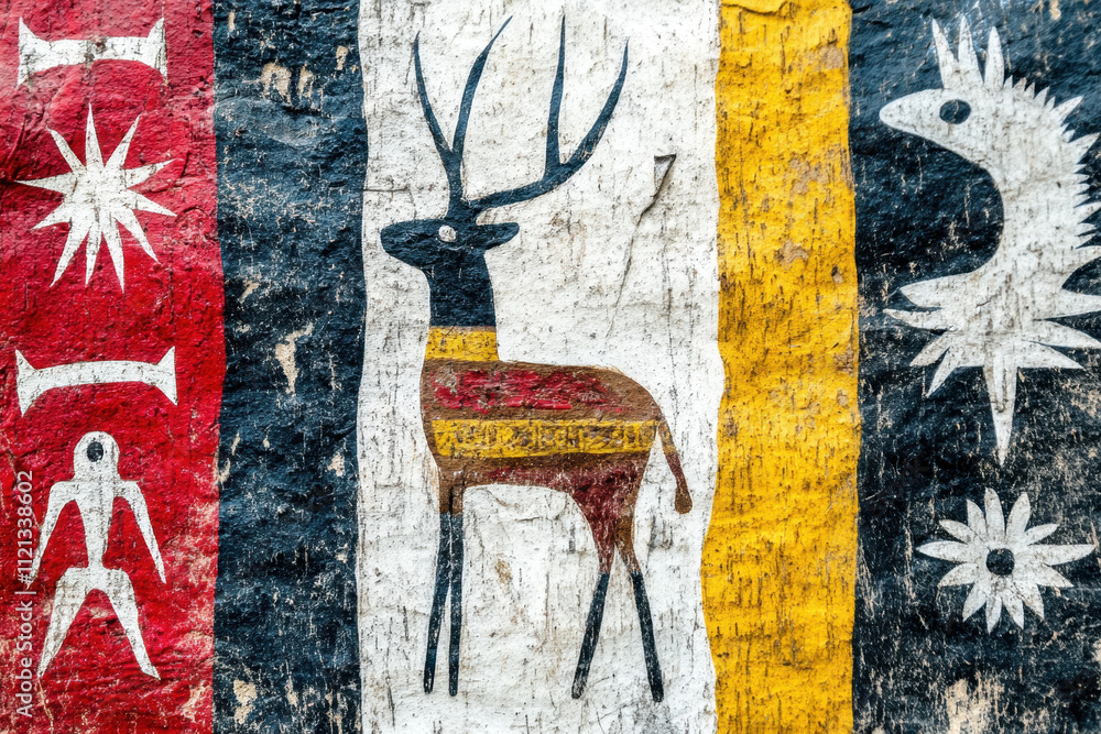 Colorful mural featuring indigenous art with a central deer figure and ...