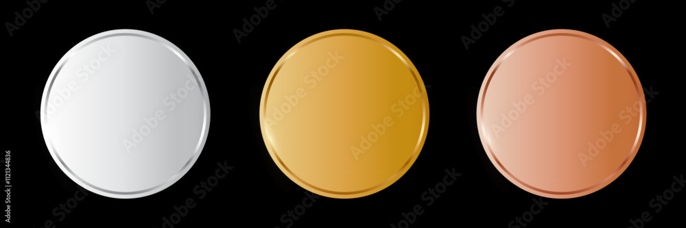 Gold, silver, bronze circle medals. Metal coins. First, second, third ...
