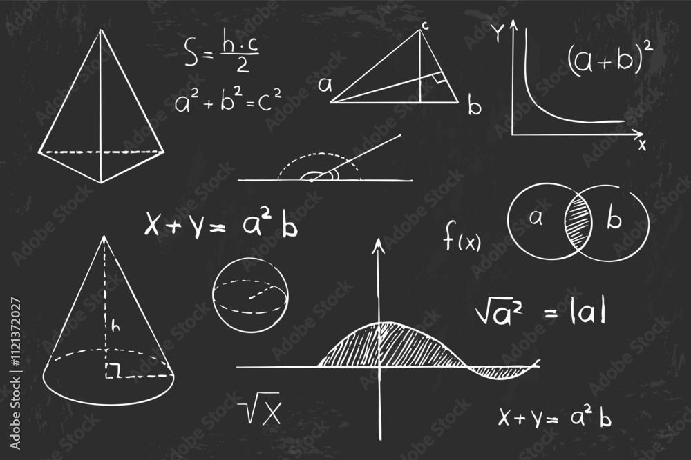 Math geometry graph and shapes on blackboard background. Set science ...