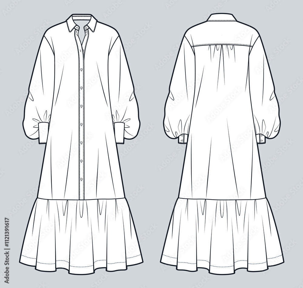 Balloon Sleeve maxi Dress technical fashion illustration. Shirt Dress ...