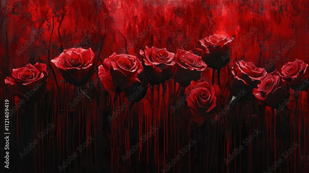 Blood rain cascades over red roses, creating an intense and evocative ...