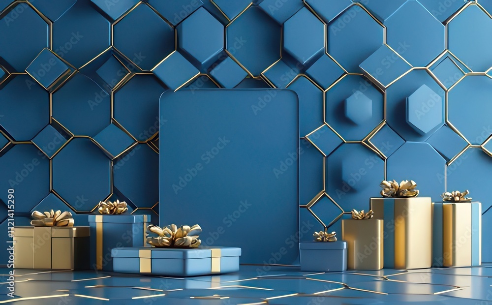 Blue and gold gift boxes on hexagonal background with blank sign. Stock ...