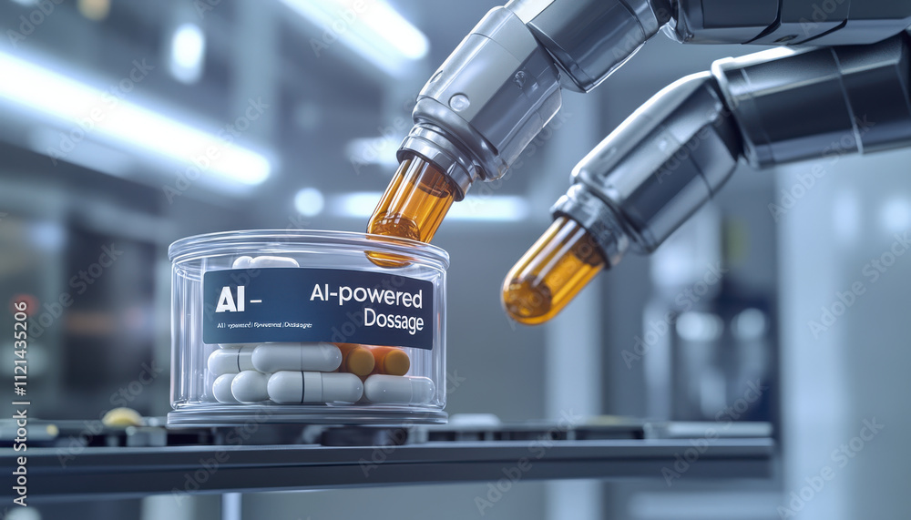 robotic arm is carefully dispensing medication into container labeled ...
