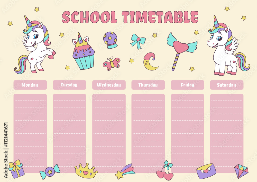 Unicorn school timetable. Timetable with magic elements and unicorns ...