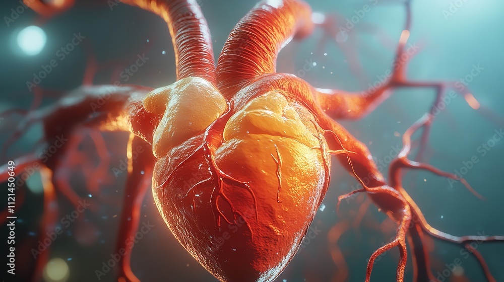 3D anatomical rendering of a human heart, with a focus on the cardiac ...