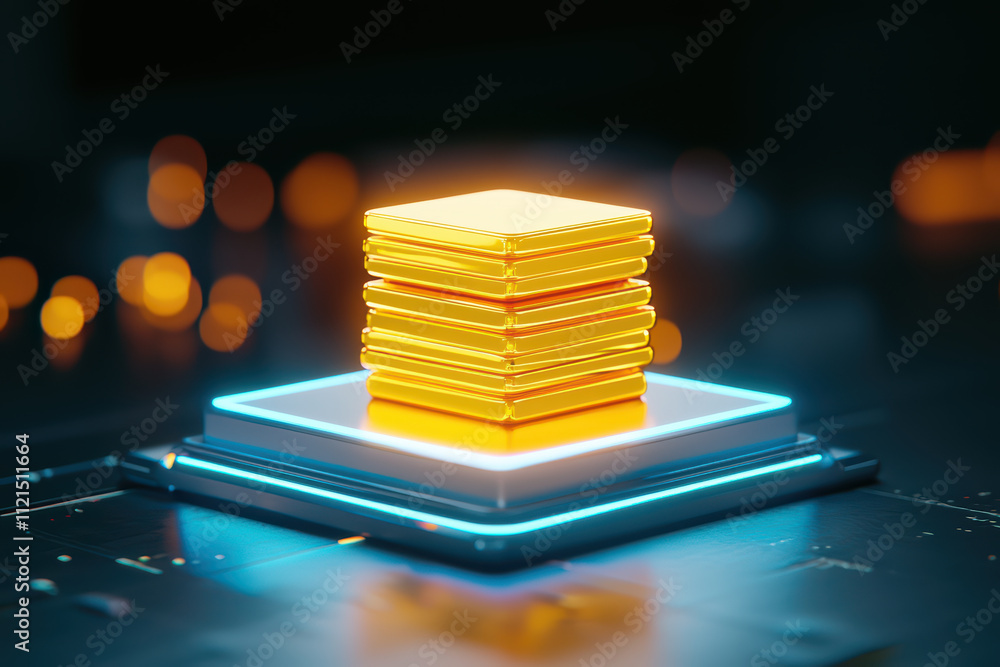 glowing hologram of stacked gold bars shines on futuristic platform, creating captivating visual ...