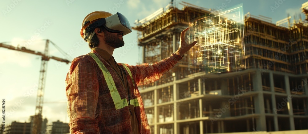 Construction worker using VR headset to visualize building design at ...