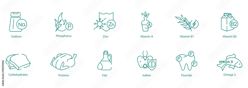 Comprehensive Nutrients Icon Set - Sodium, Phosphorus, Zinc, Vitamin A ...
