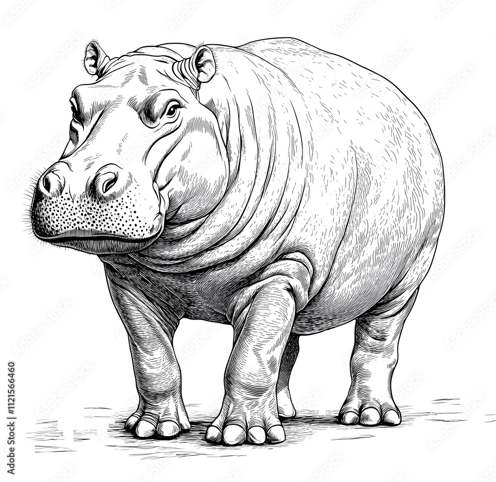 Black and white vector line drawing of an adult hippopotamus, full body ...