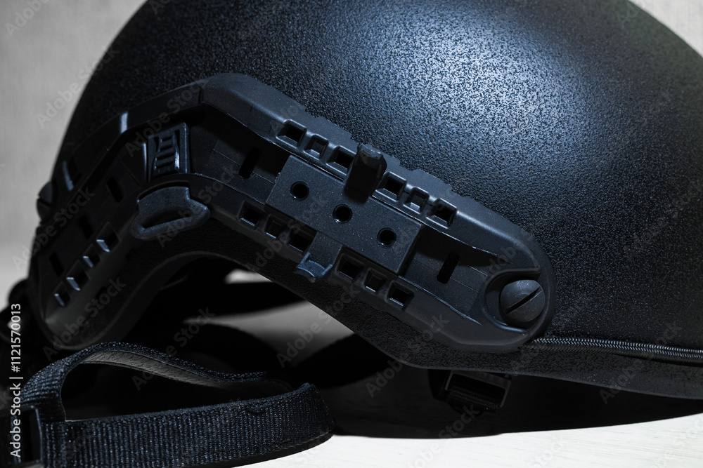 Police battle helmet head defence equipment object with Picatinny rail ...