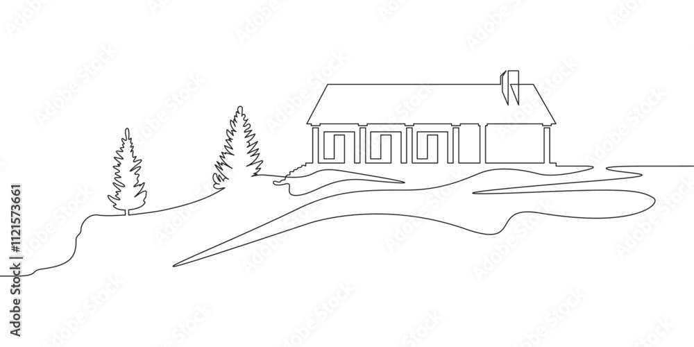 Continuous one line drawing residential country house. House against ...
