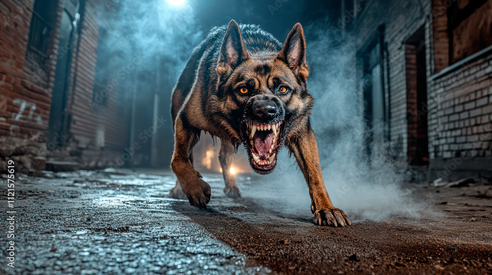 Aggressive stray rabid dog attacking its victim in abandoned alley ...