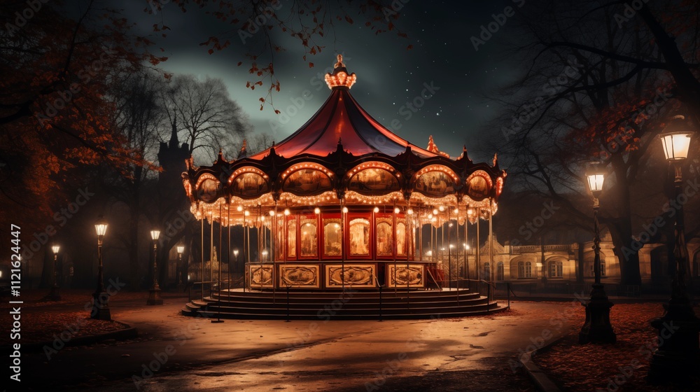 Festive carousel with red seats glowing in the dark, highlighting a ...