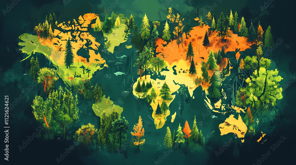Vibrant global forest biomes map showcasing tropical rainforests, temperate forests, boreal ...