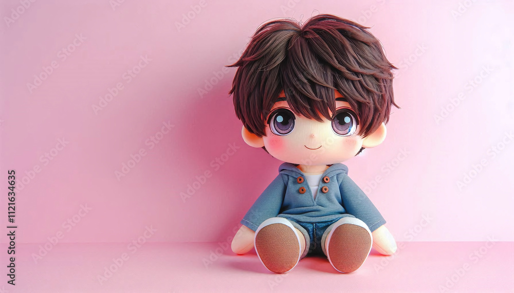 A cute boy rag doll sitting on a pastel pink matte background, in the ...